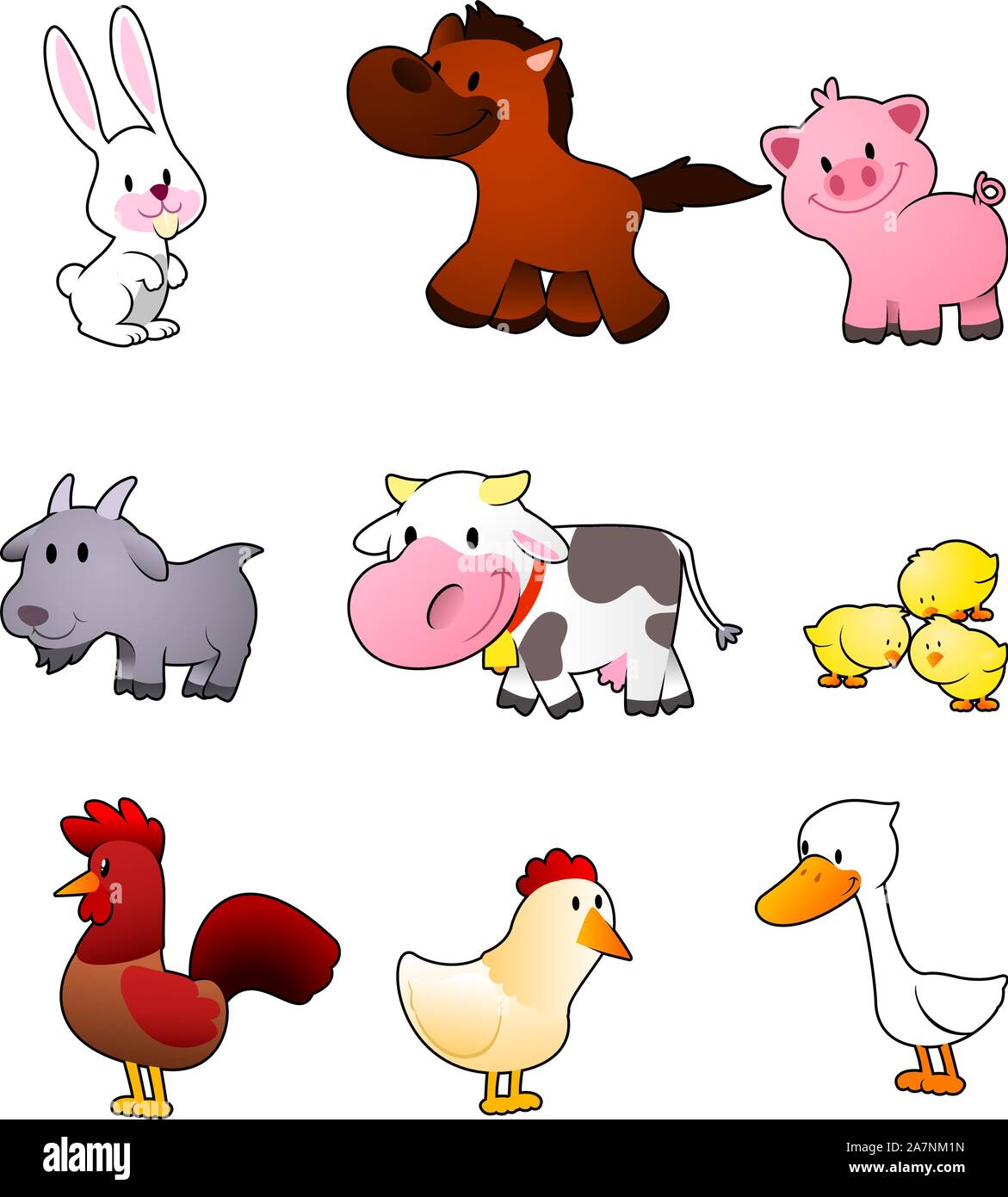 Nine cartoon farm animals like rabbit, horse, pig, goat, cow, chicken ...