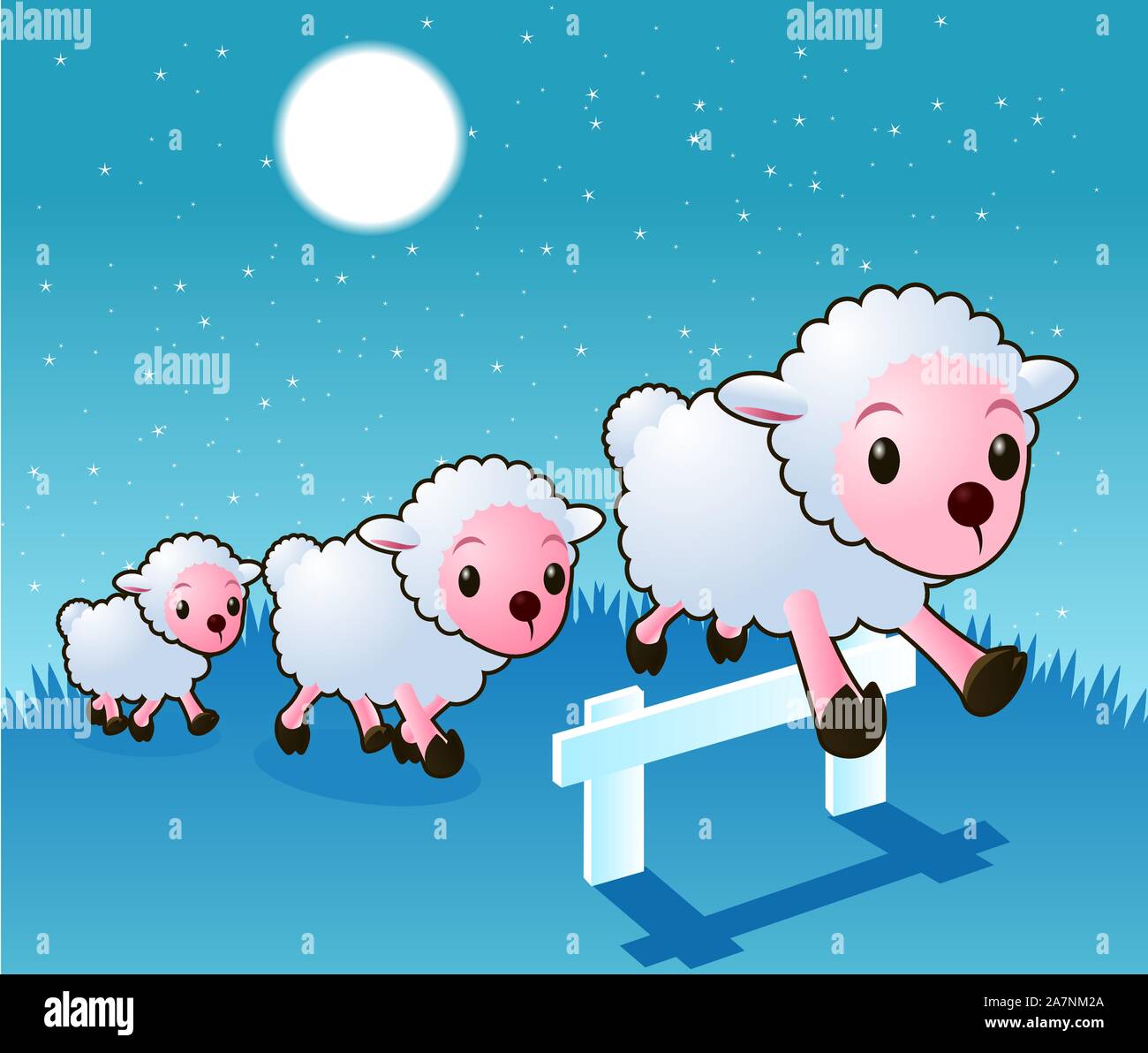 Three Sheeps jumping fence at night, stars and moon vector illustration ...