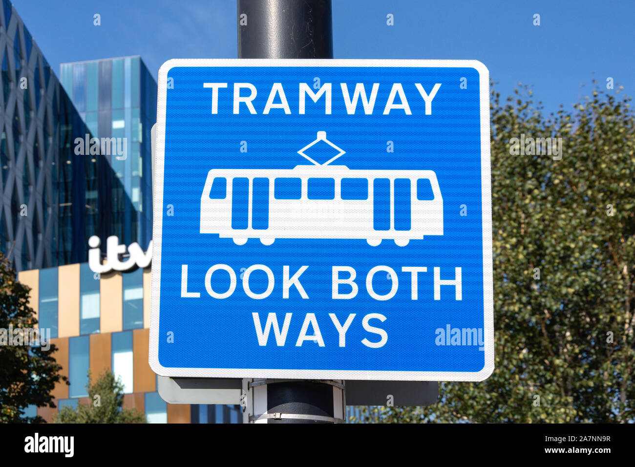 Manchester Metrolinktramway safety sign, MediaCityUK Station, Salford ...
