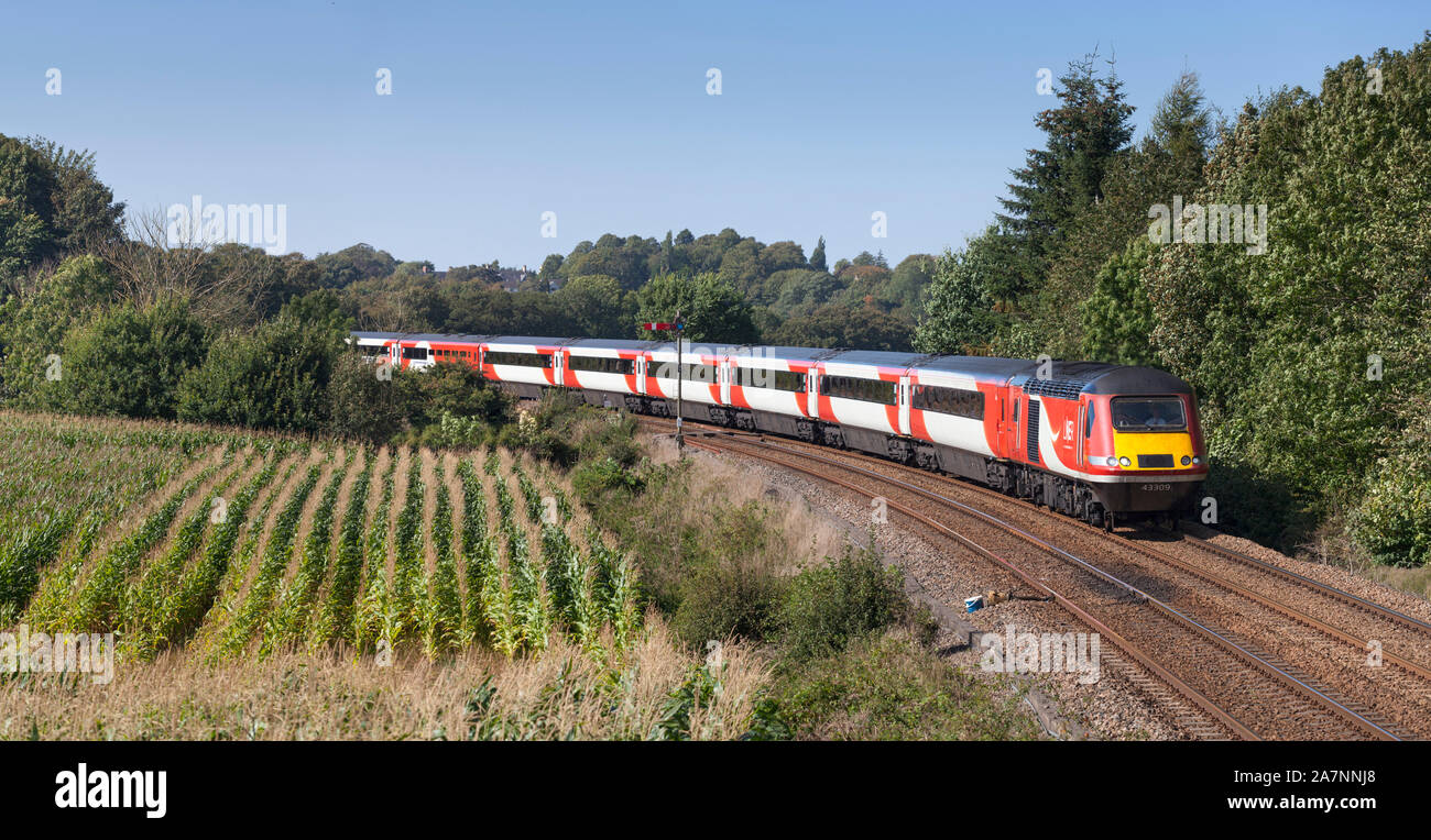 London North Eastern railway ( LNER ) high speed train passing Corby ...