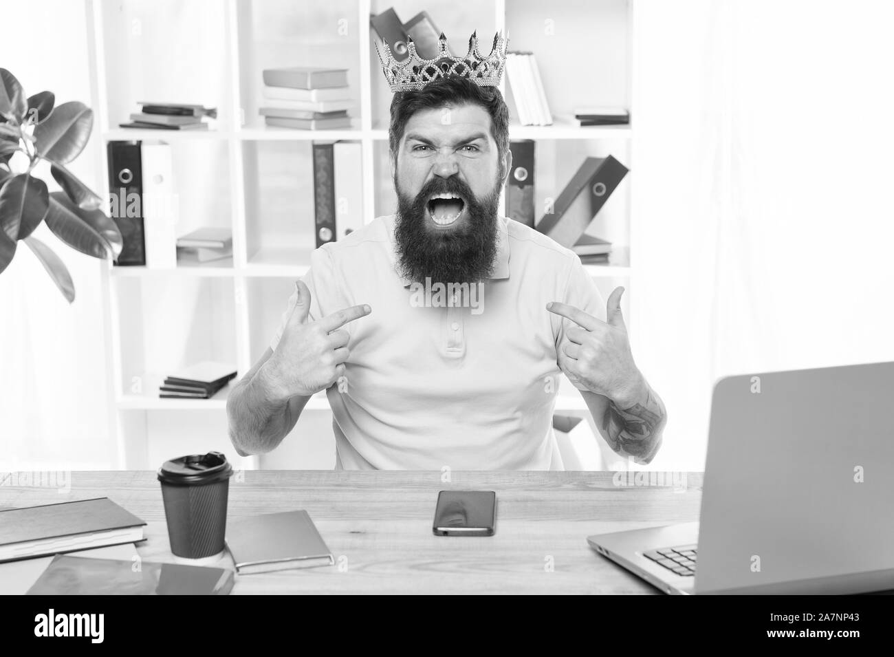 Respect me. Man arrogant rude boss with golden crown sit in office ...