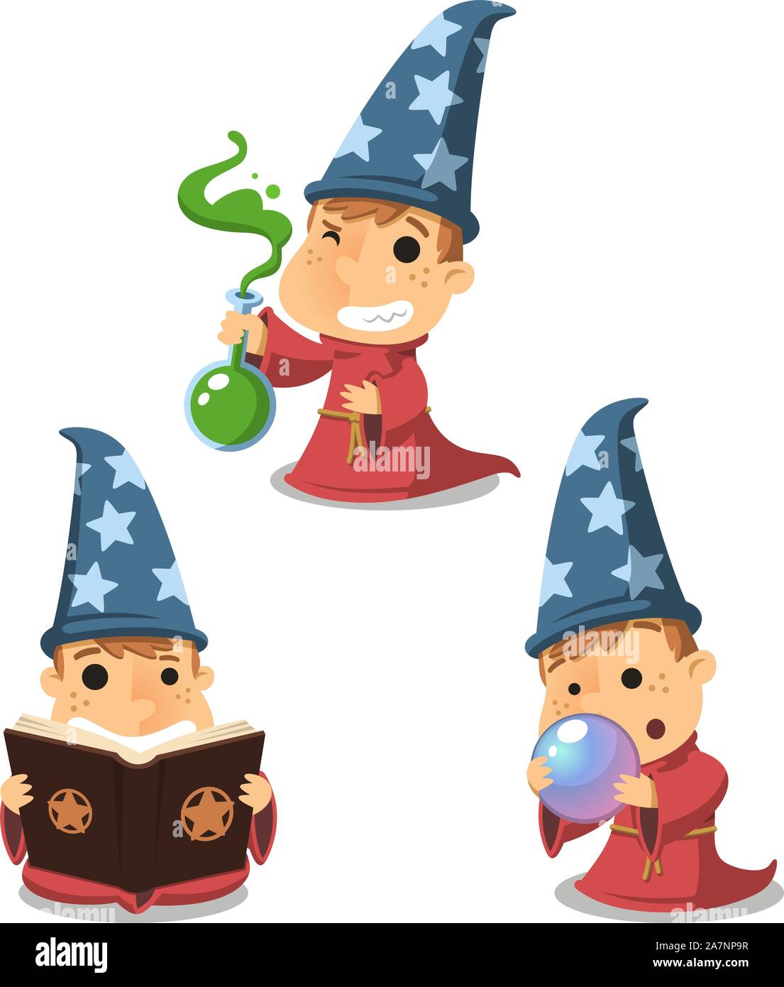 Wizard Magician Child with Potion Book, vector illustration cartoon ...