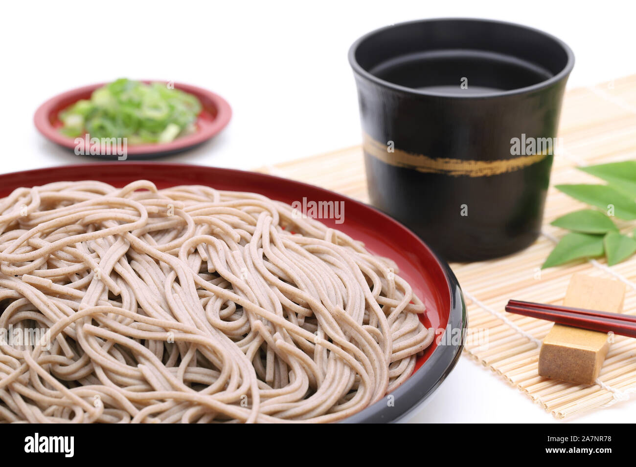 Japanese Zaru soba noodles on wooden plate on white background Stock ...