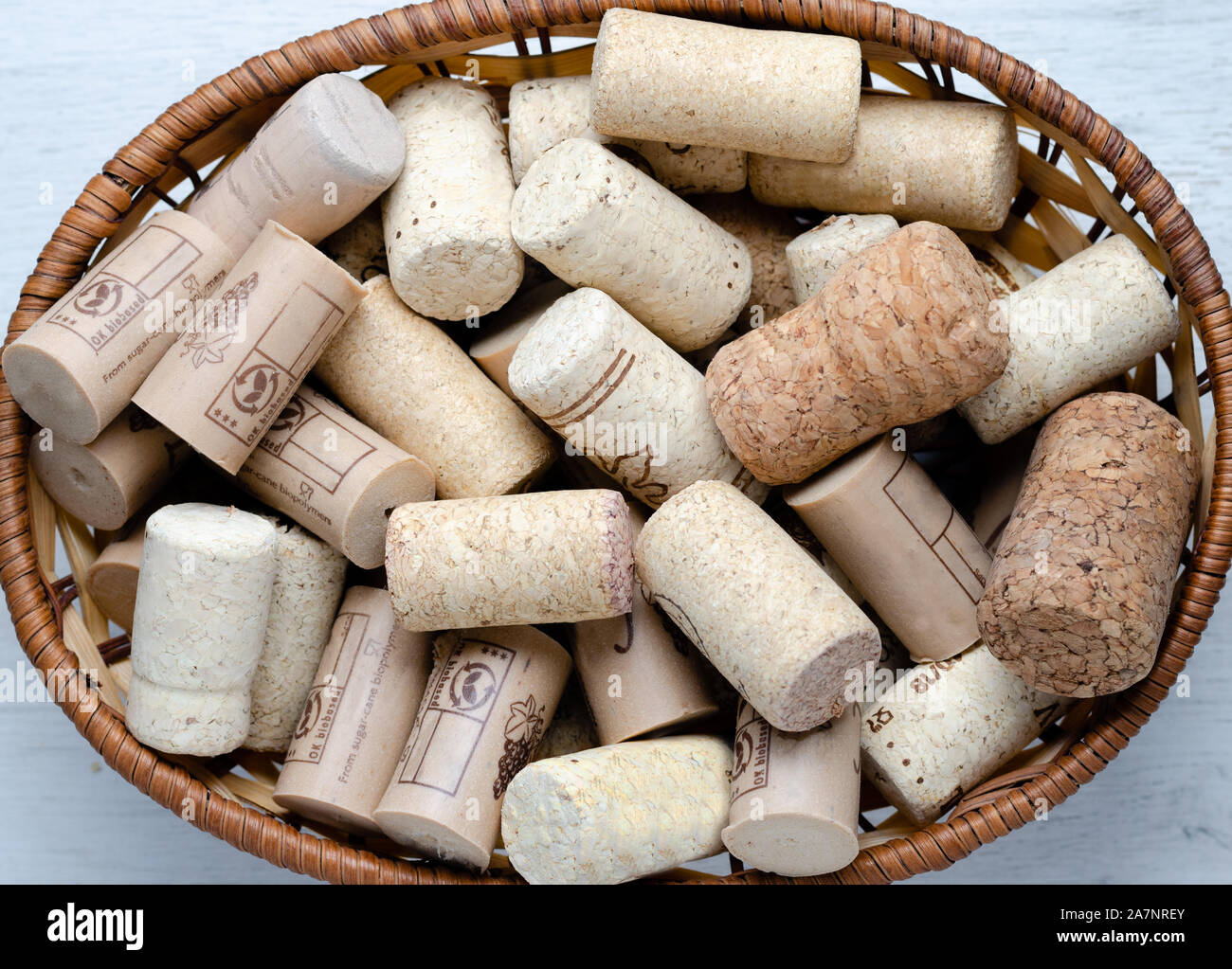 High angle view of cork stoppers in a wood basket Stock Photo - Alamy
