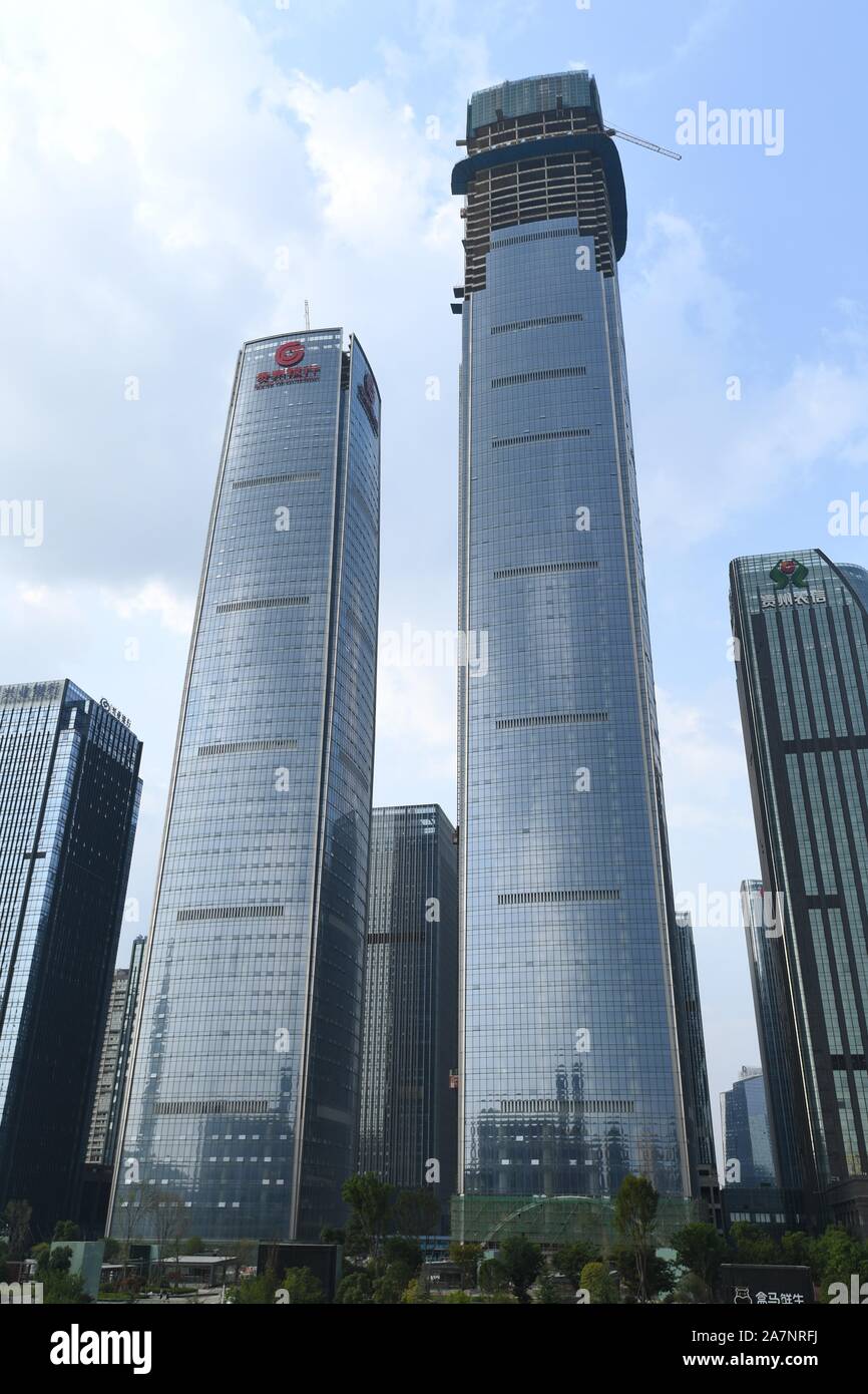 Outside view of twin towers of Guiyang International Finance Center in ...