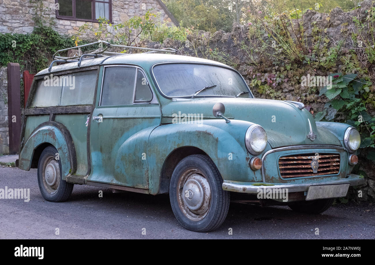 Vintage green Morris Minor 1000 car, a British design icon also known ...