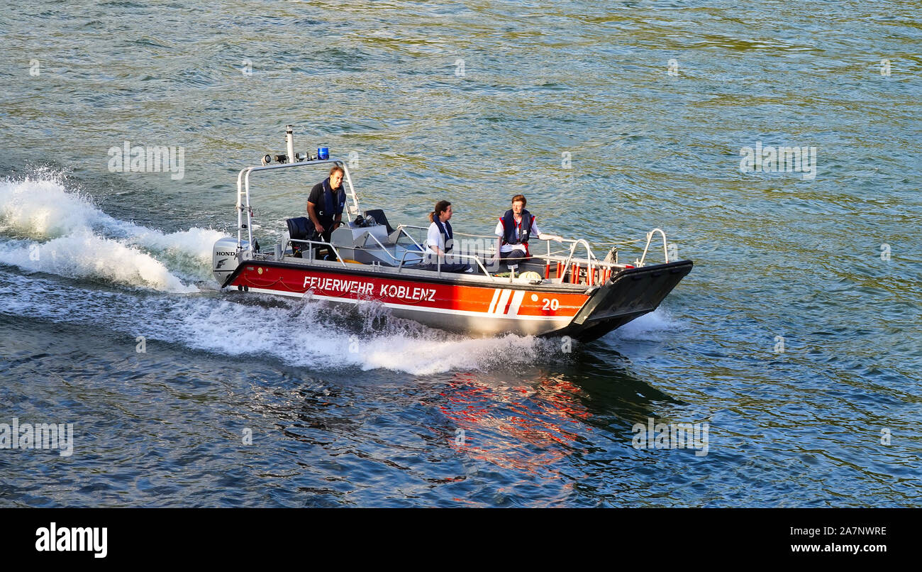 Koblenz, Germany, 08/10/2019: Fire brigade rescue boat during a patrol ...