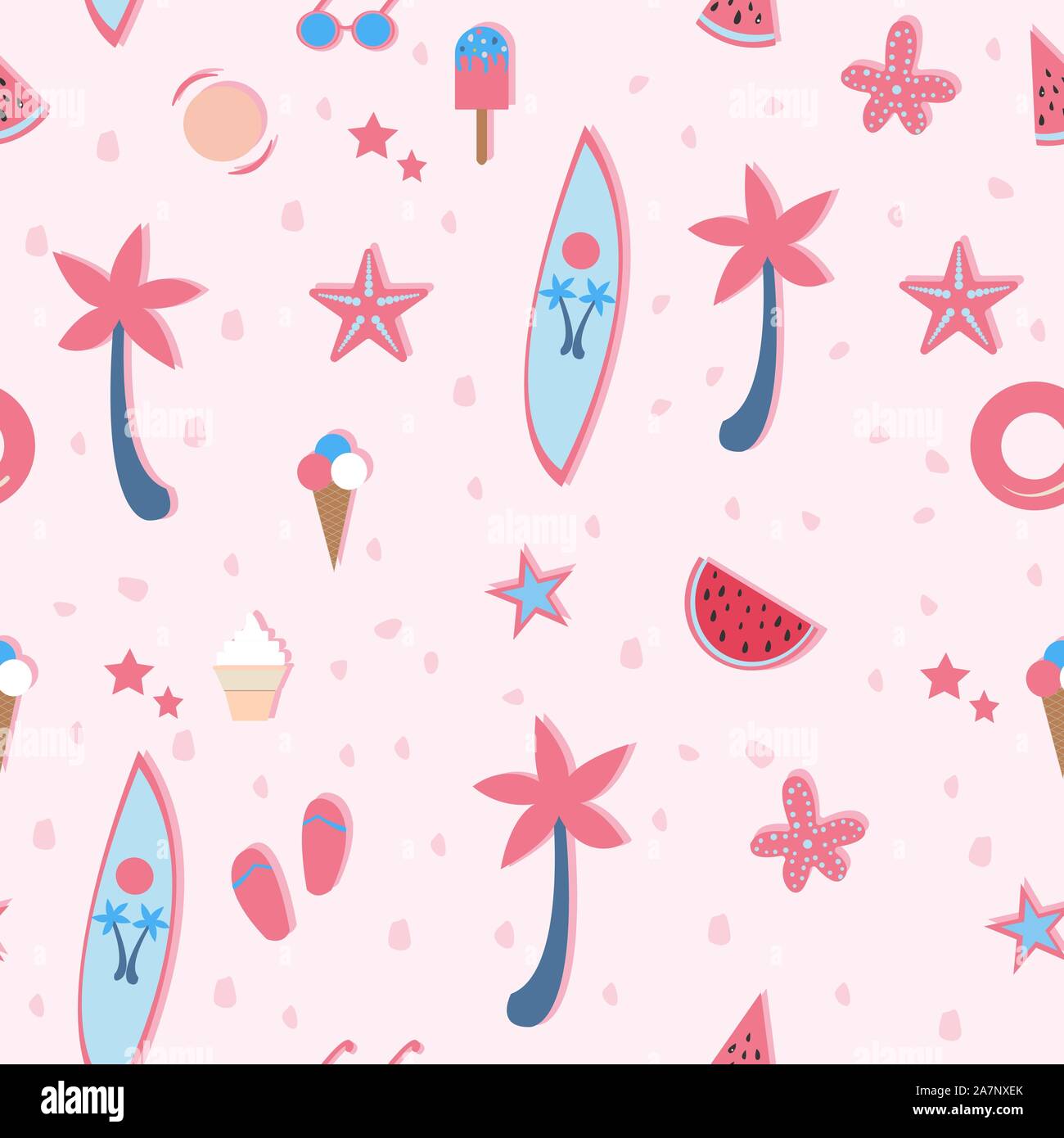 Summer Seamless Pattern. Stylized Summer Elements with shadows. Vector ...