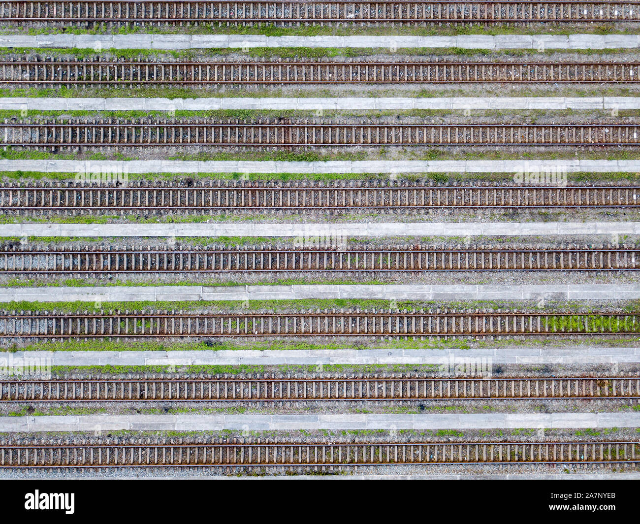 An aerial view of railway trains parked at a classification yard or ...