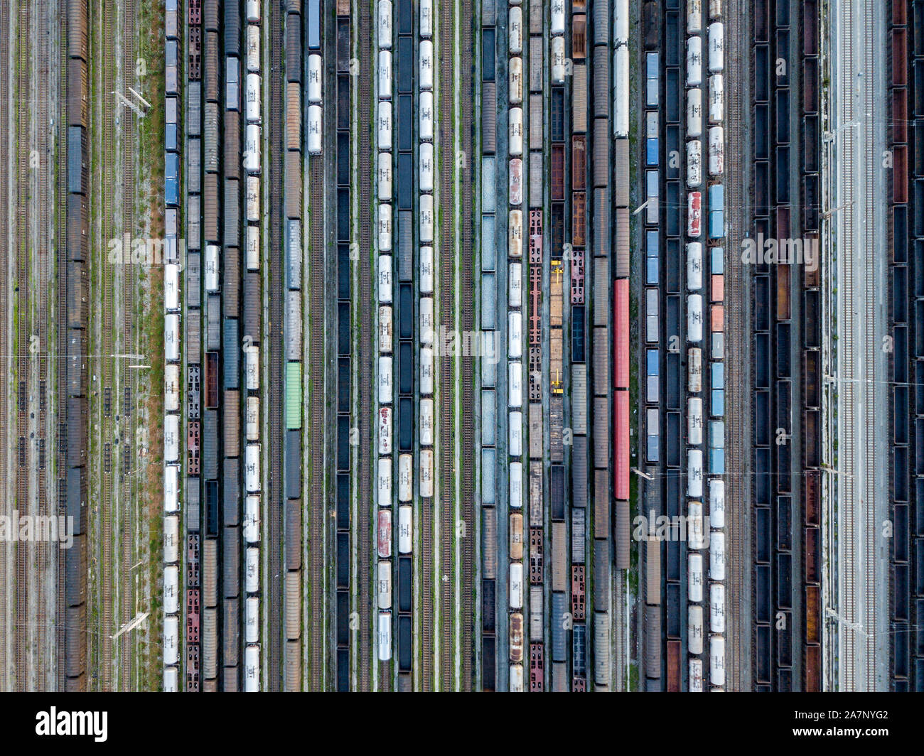 An aerial view of railway trains parked at a classification yard or ...