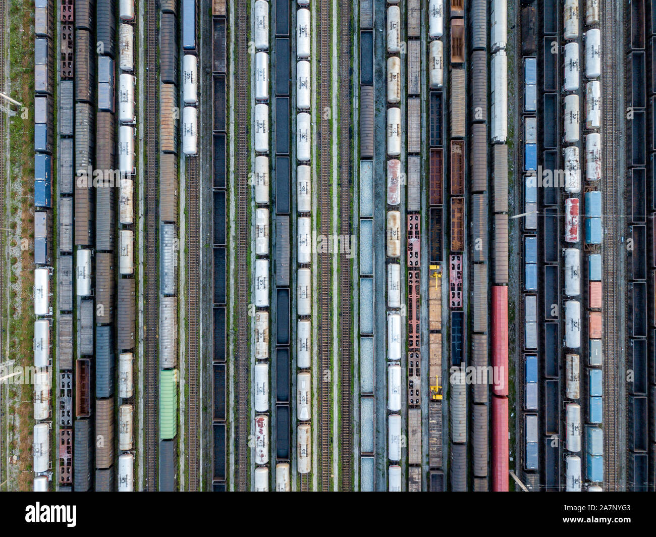An aerial view of railway trains parked at a classification yard or ...
