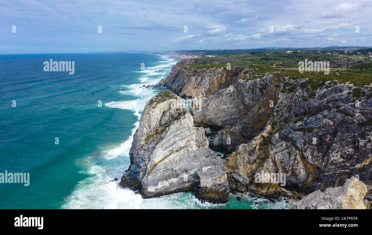 Amazing blue water of the Atlantic ocean at the Portuguese coast line ...