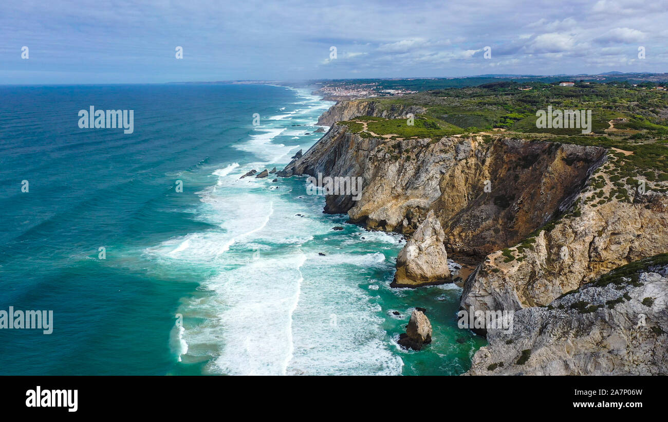 Amazing blue water of the Atlantic ocean at the Portuguese coast line ...