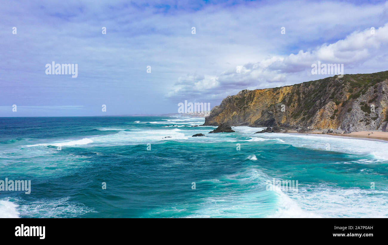 Amazing blue water of the Atlantic ocean at the Portuguese coast line ...