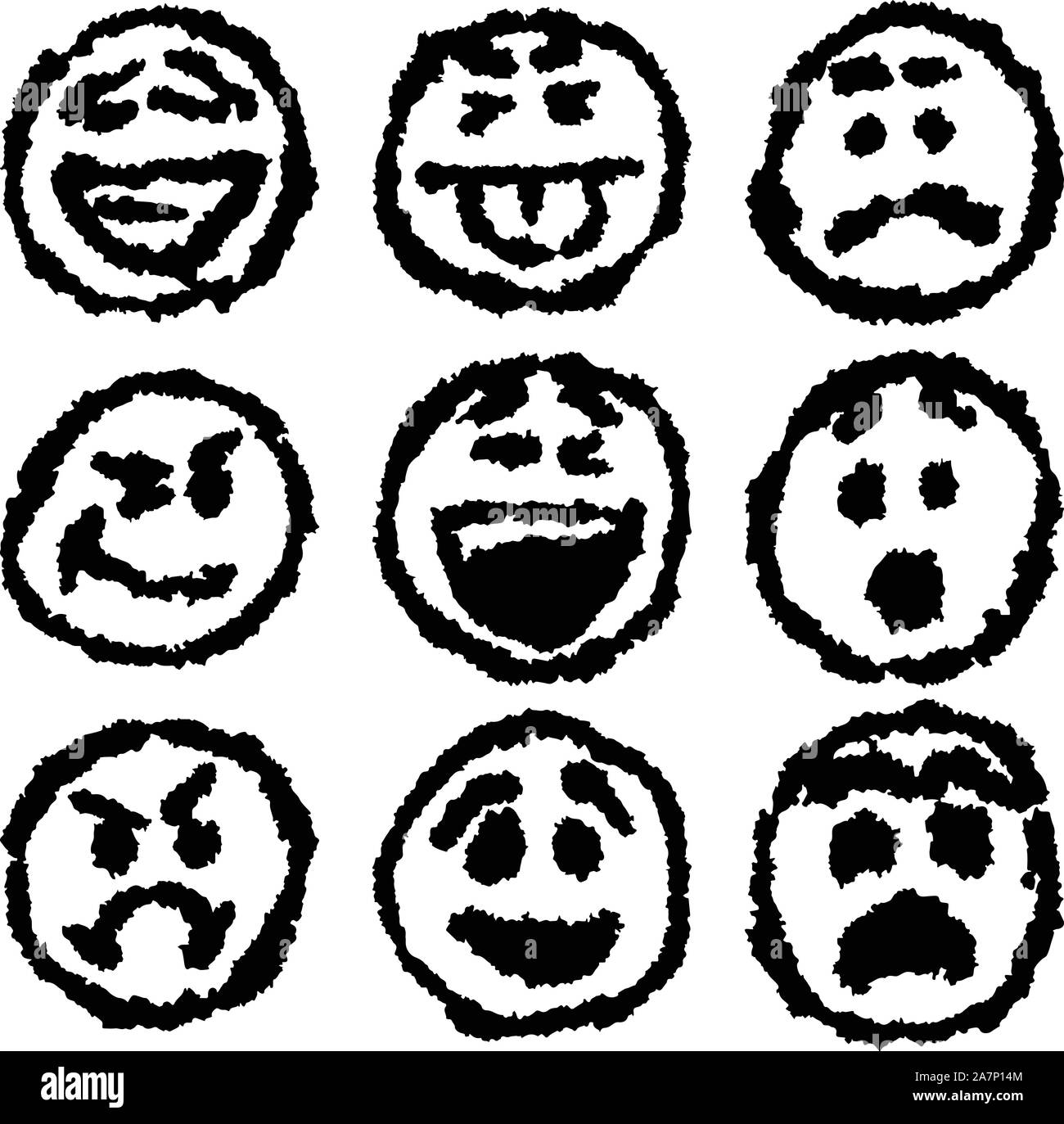 Set of emoji or emoticon icons with grungy sketch drawing style Stock ...