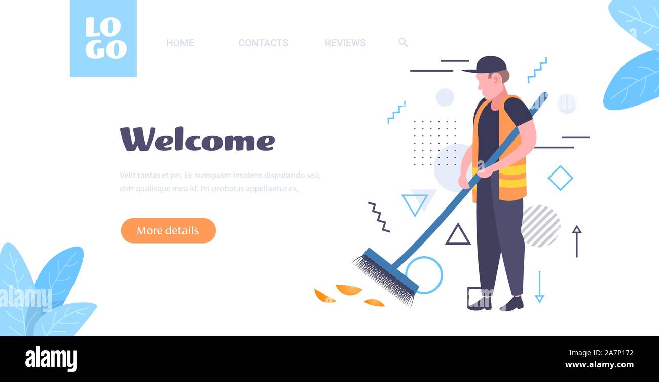 man cleaner sweeping road from leaves with broom male janitor in ...