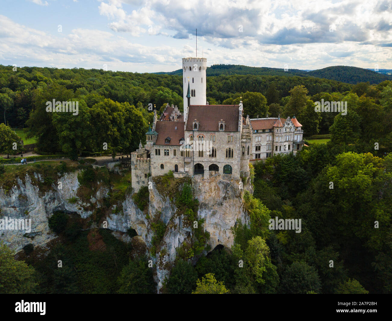 Aerial view of Lichtenstein castle in cloudy weather. Germany in the ...