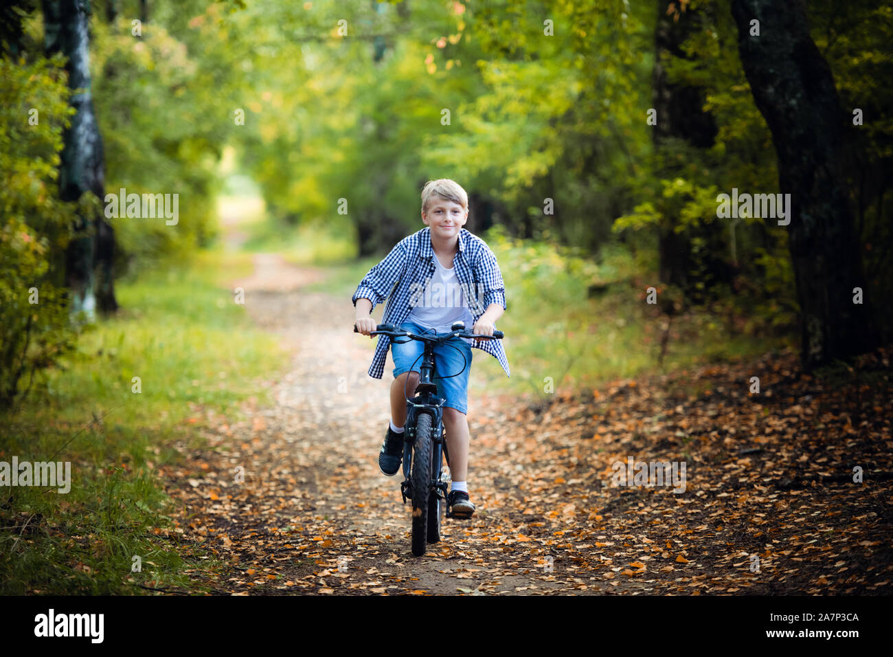 Boy in countryside riding bike in summer park smiling at camera Stock ...
