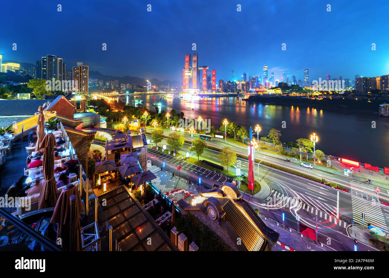 Chongqing architectural scenery and rivers and sky at night Stock Photo ...