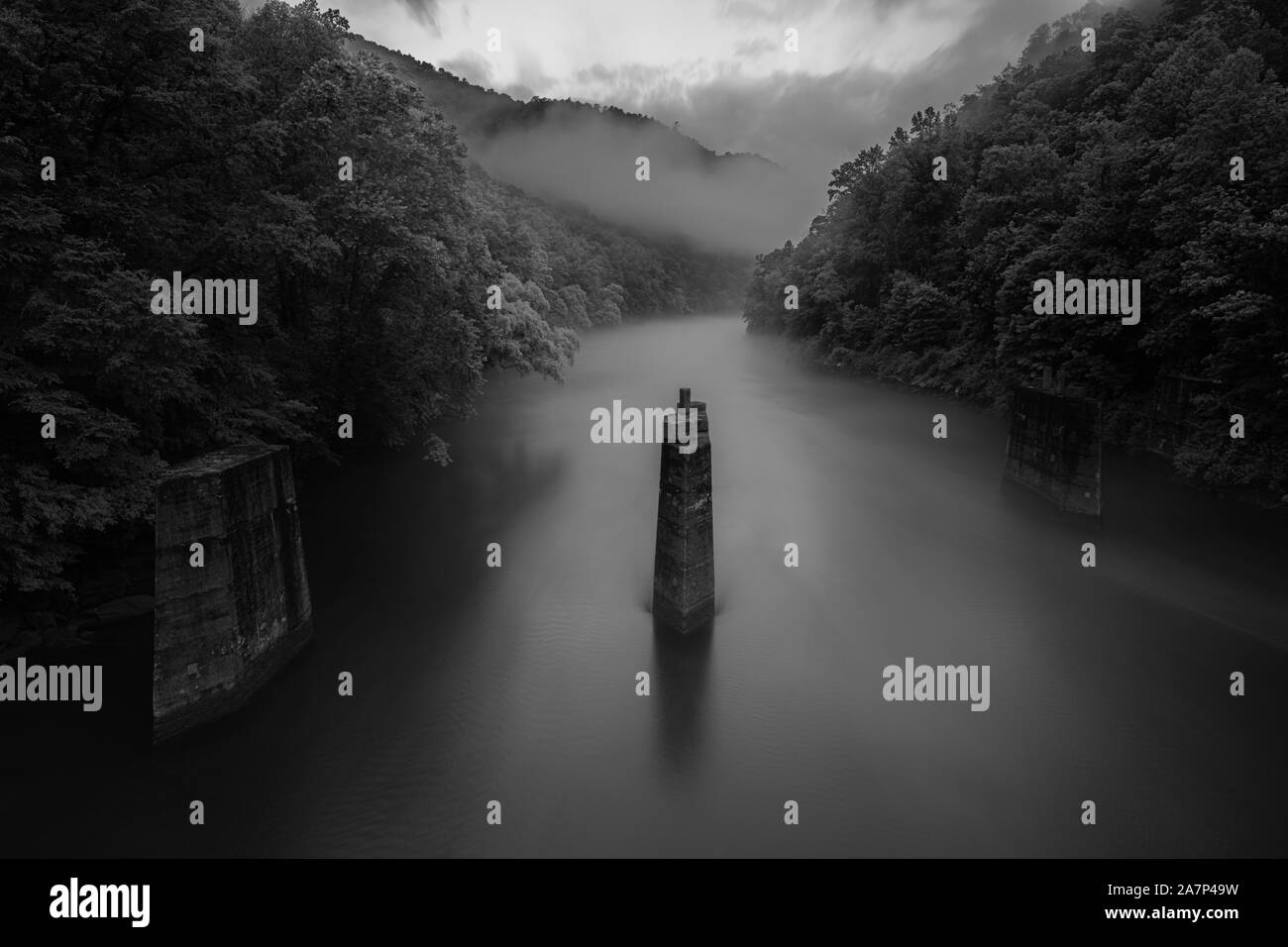Fog Hanging Over Old Bridge Pylons in North Carolina mountains Stock ...