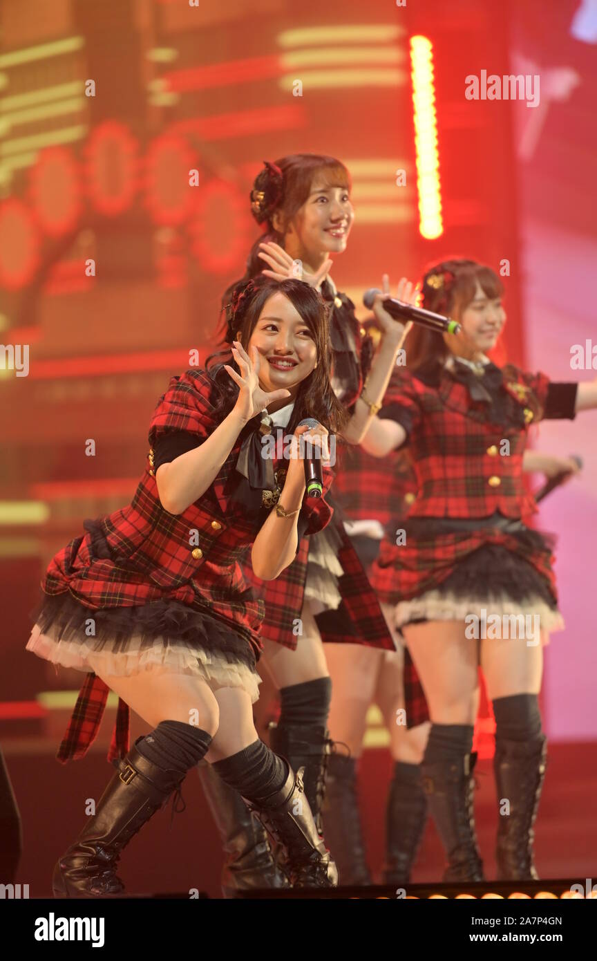 Members of Japanese idol girl group AKB48 and its international sister groups perform during the ...