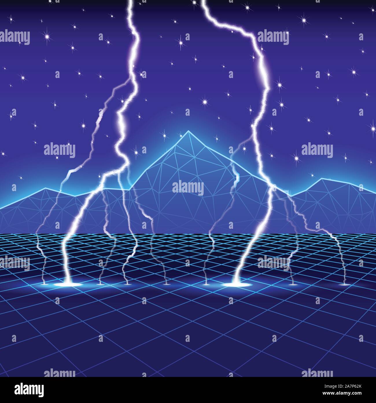 Neon new retro wave computer landscape with lightning Stock Vector ...