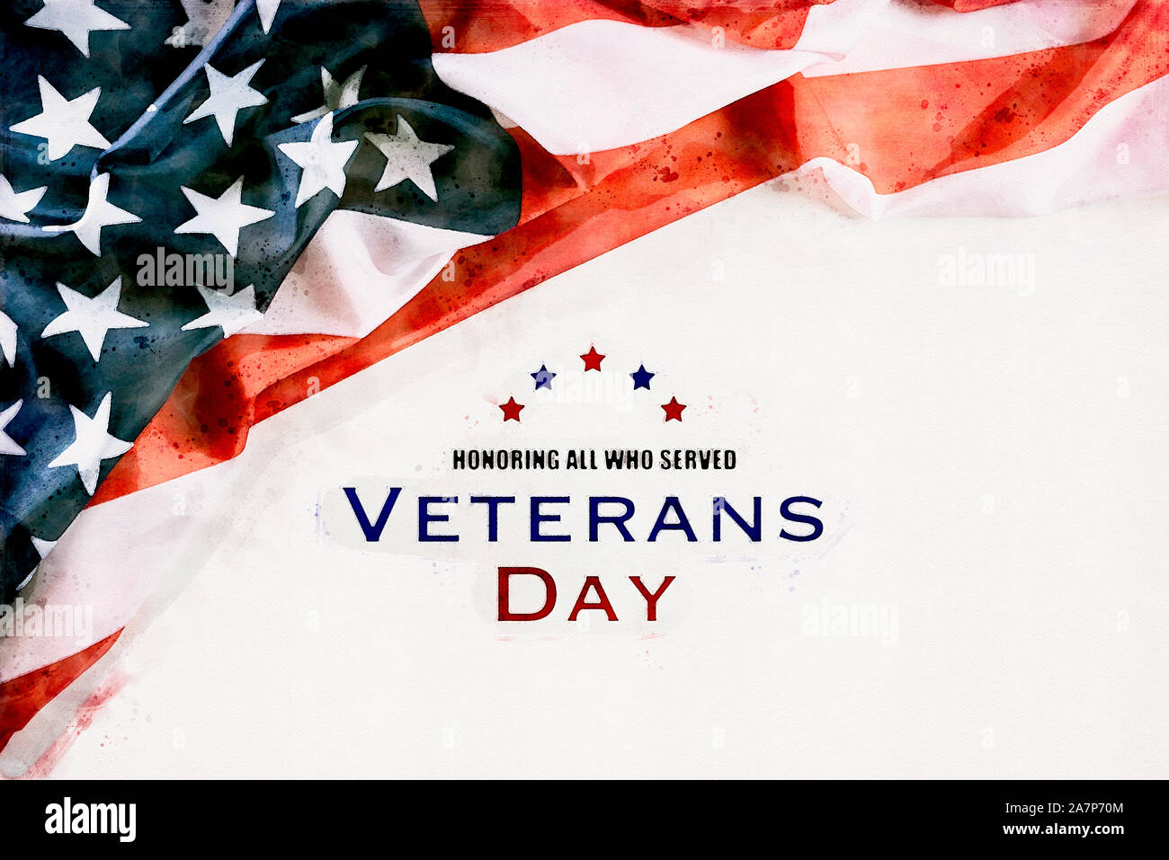 Watercolor painting Happy Veterans Day. American flags against a white ...