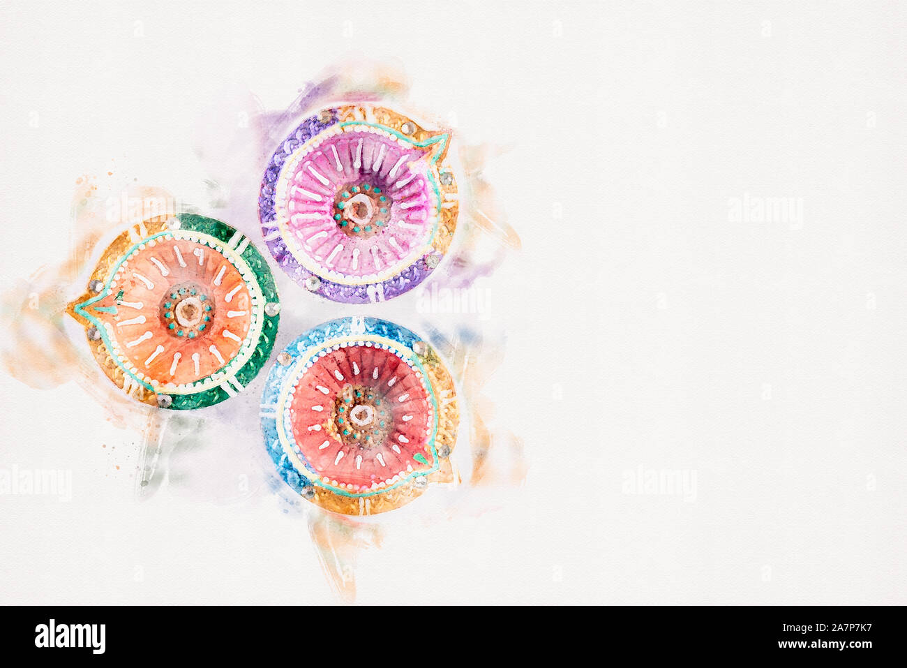Watercolor painting Happy Diwali - Clay Diya lamps lit during Dipavali ...