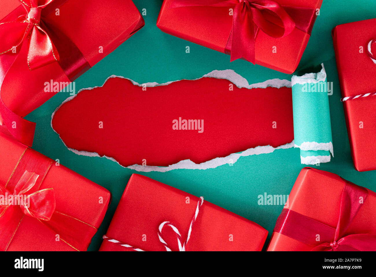 Boxing day Sale Online shopping. Top view of green pastel torn paper ...