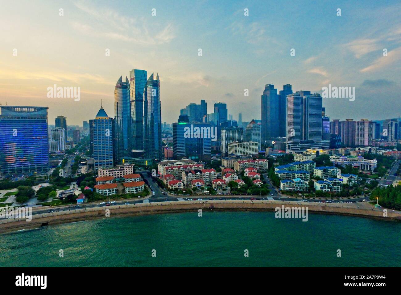 --FILE--An aerial view of coast at Shinan district in Qingdao city ...