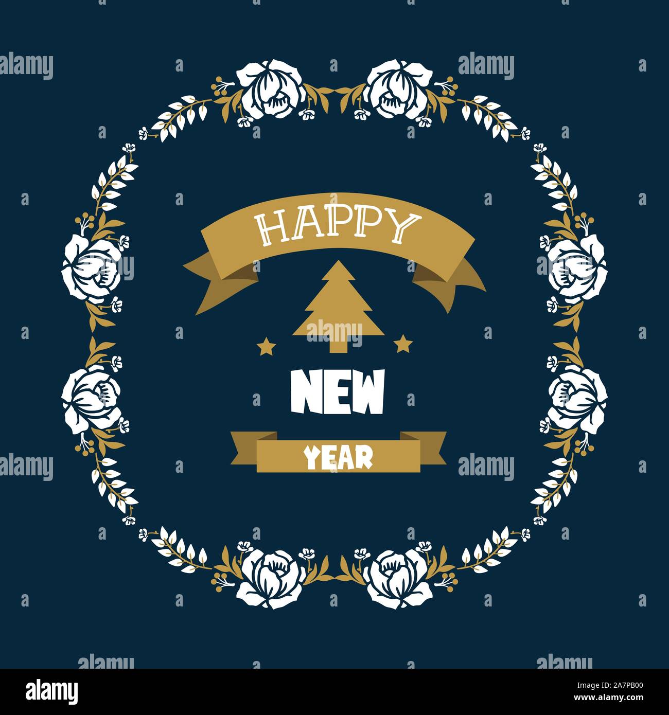 Card template happy new year with white leaf flower frame, isolated on ...