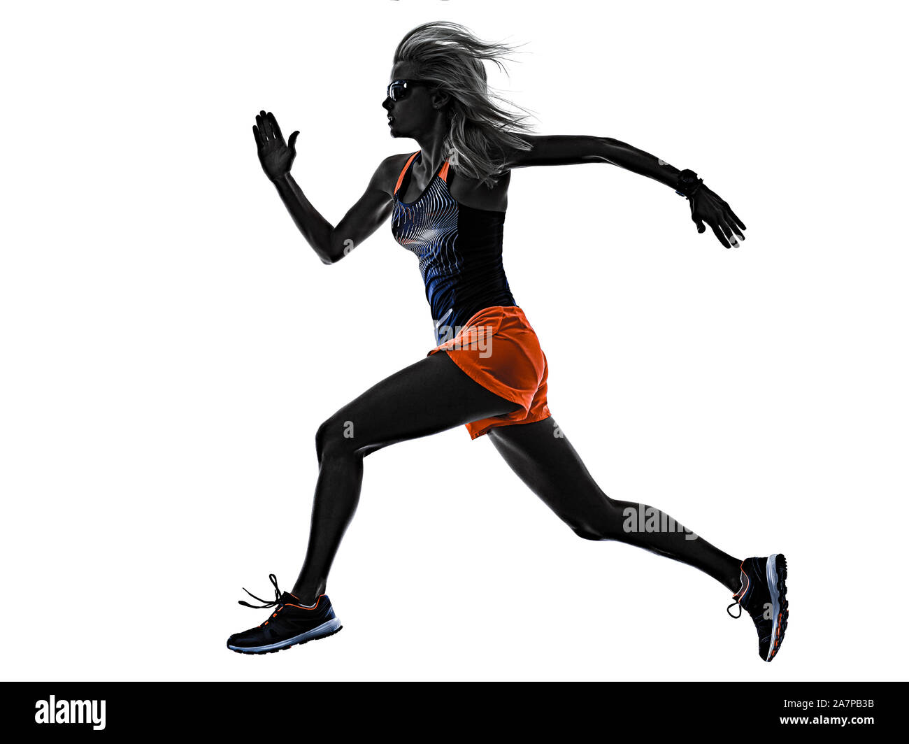 one caucasian beautiful long blond hair woman runner jogger jogging ...