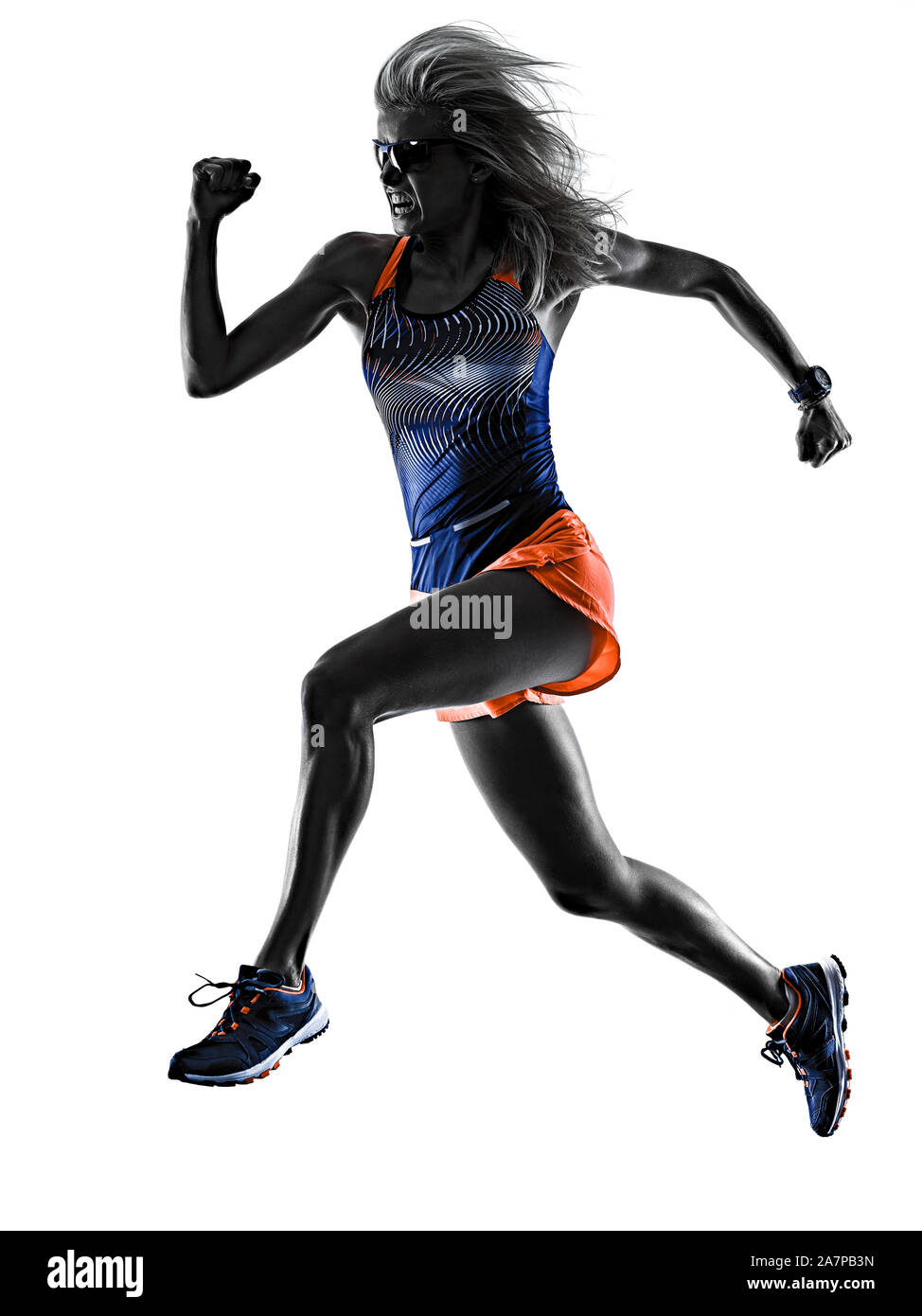 one caucasian beautiful long blond hair woman runner jogger jogging ...