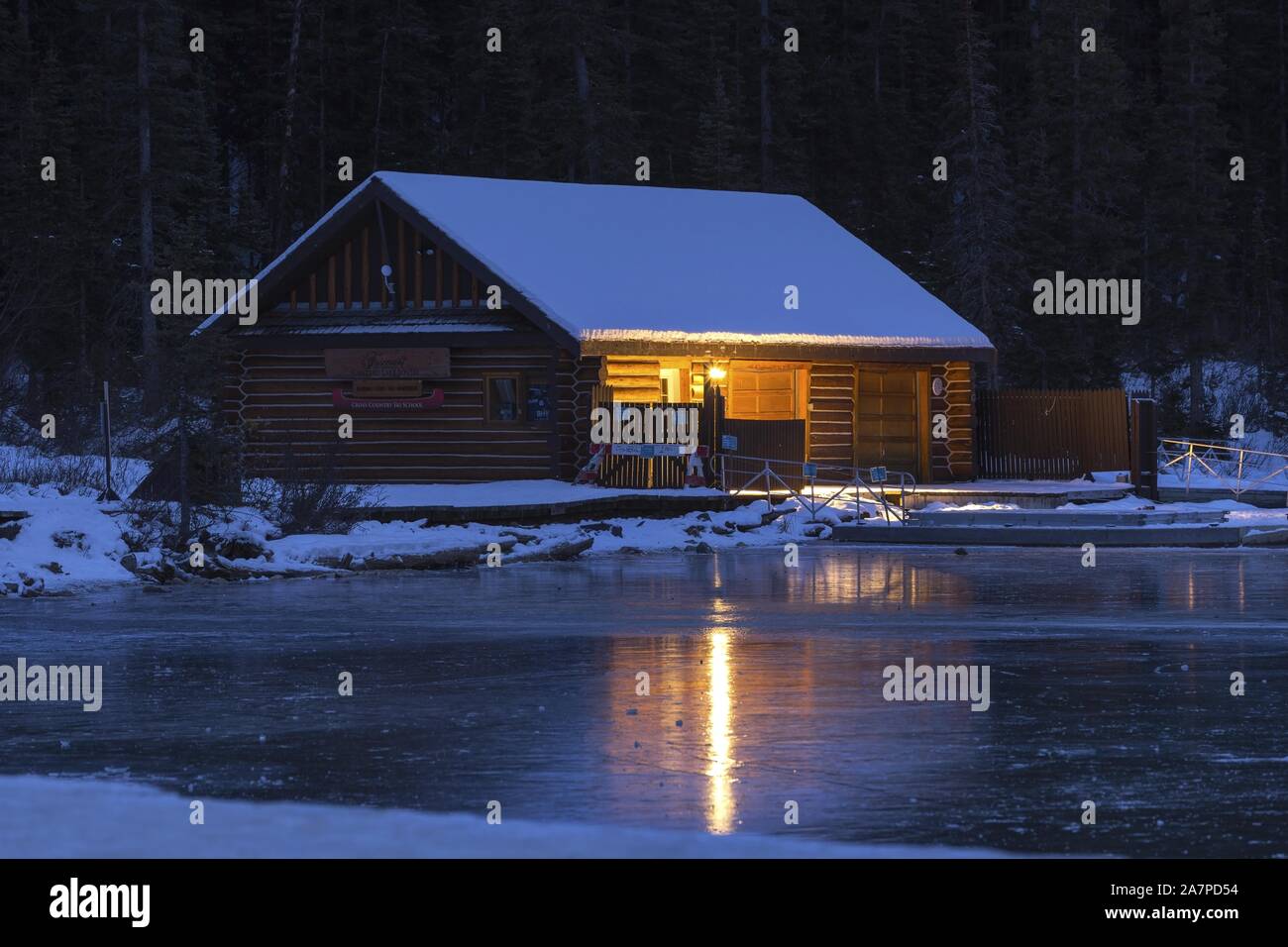Lake Louise Canoe Rental Log Cabin Hut Reflection Frozen Ice Surface ...
