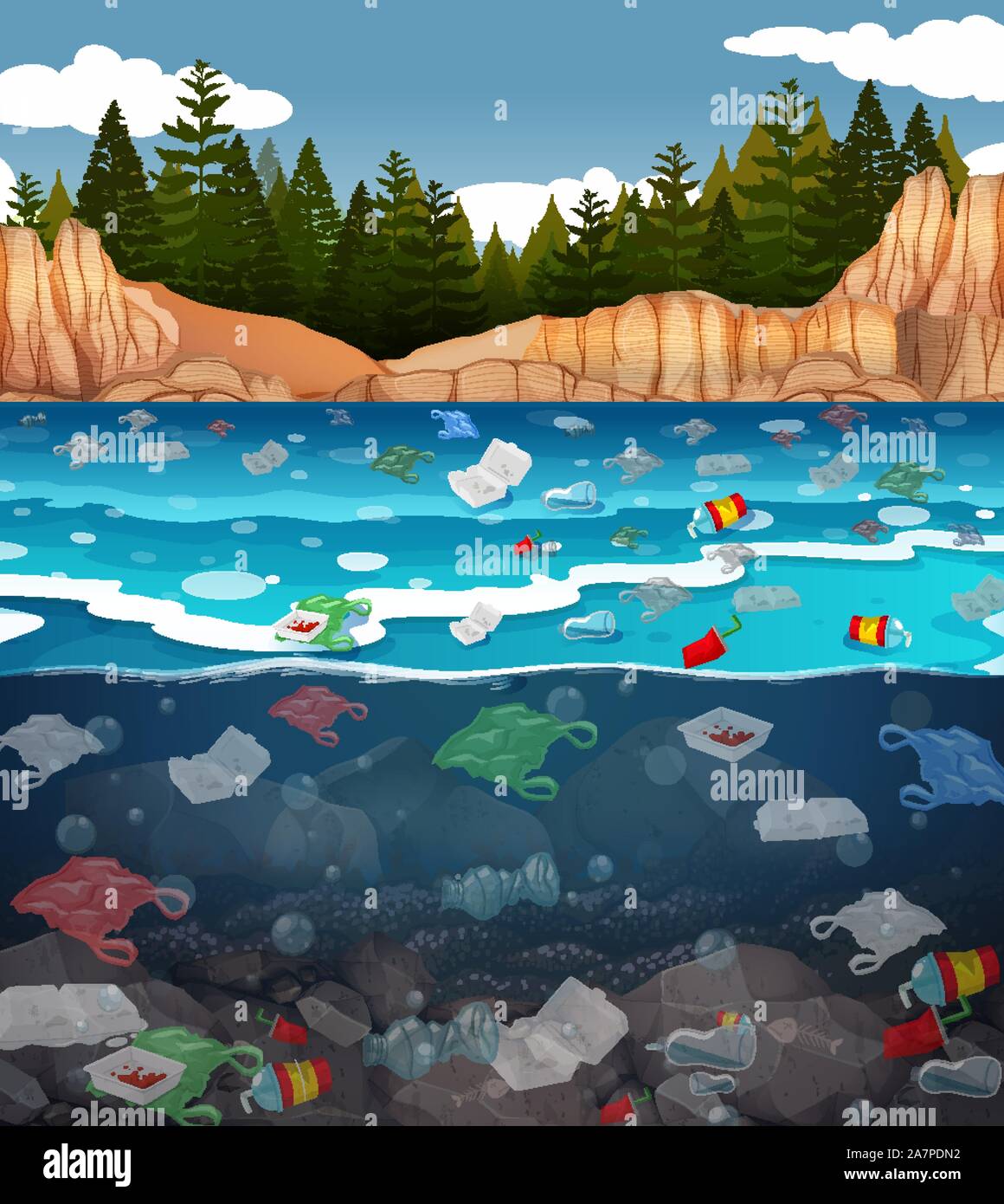 Water pollution with plastic bags in ocean illustration Stock Vector ...