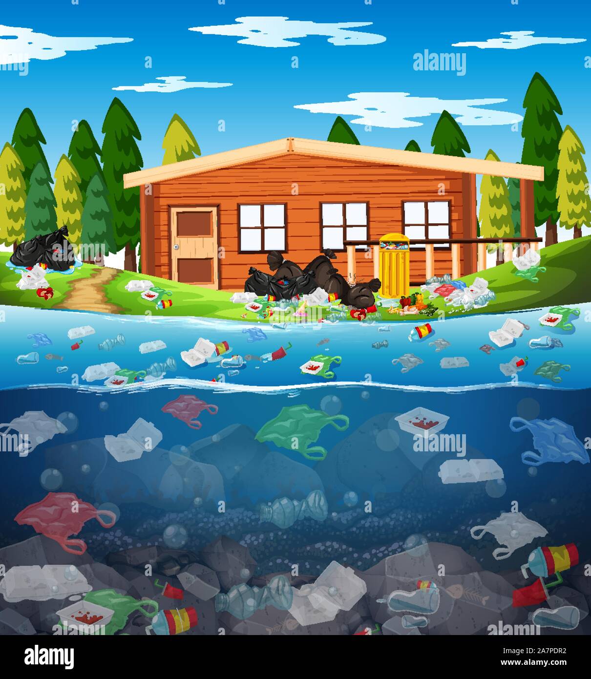 Water pollution with plastic bags in river illustration Stock Vector ...