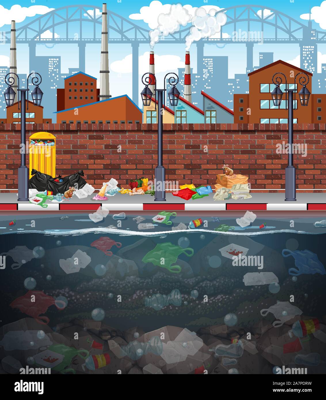 Water pollution with plastic bags in river illustration Stock Vector ...