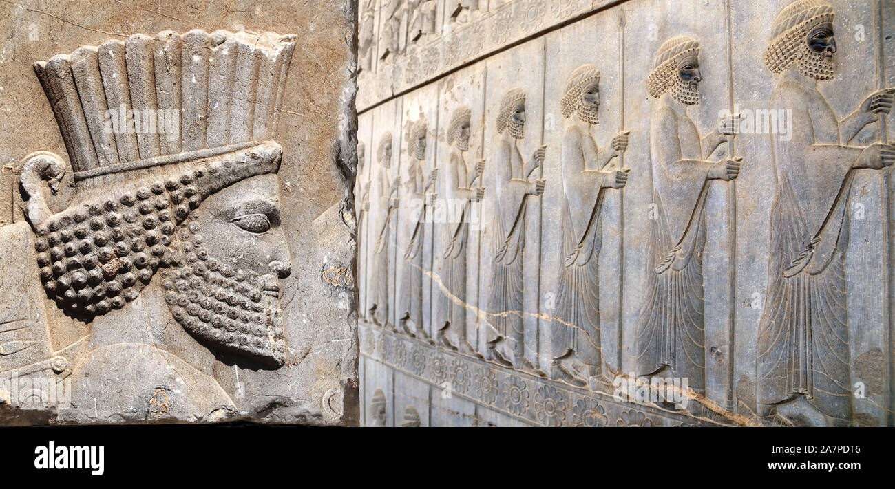 Horizontal banner with bas-relief with assyrian warriors with spears on ...