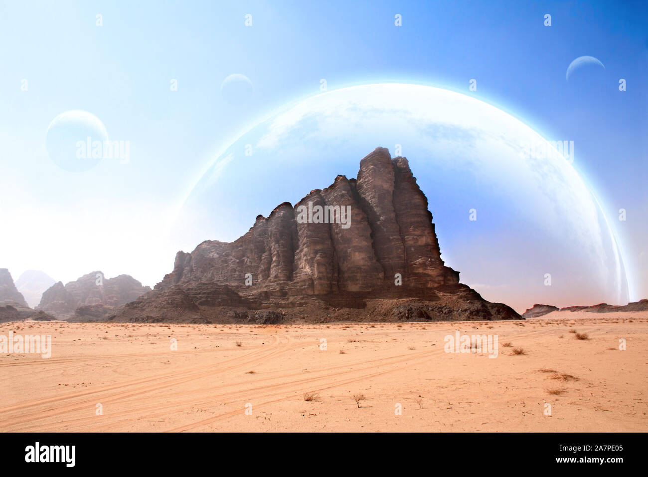 Fantastic landscape with sand desert, rock and planets in sky. 3d ...