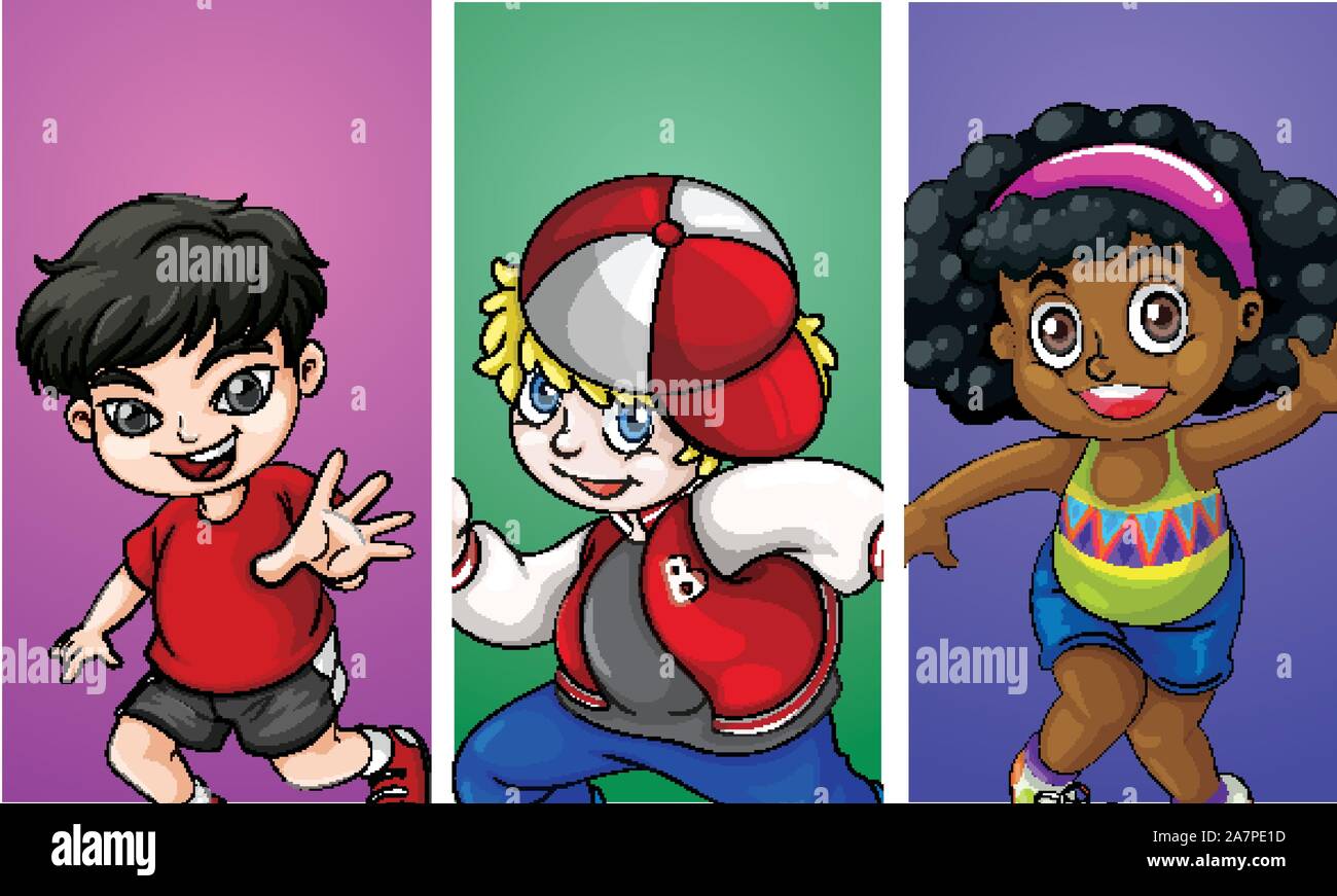 Three kids dancing on different background illustration Stock Vector ...
