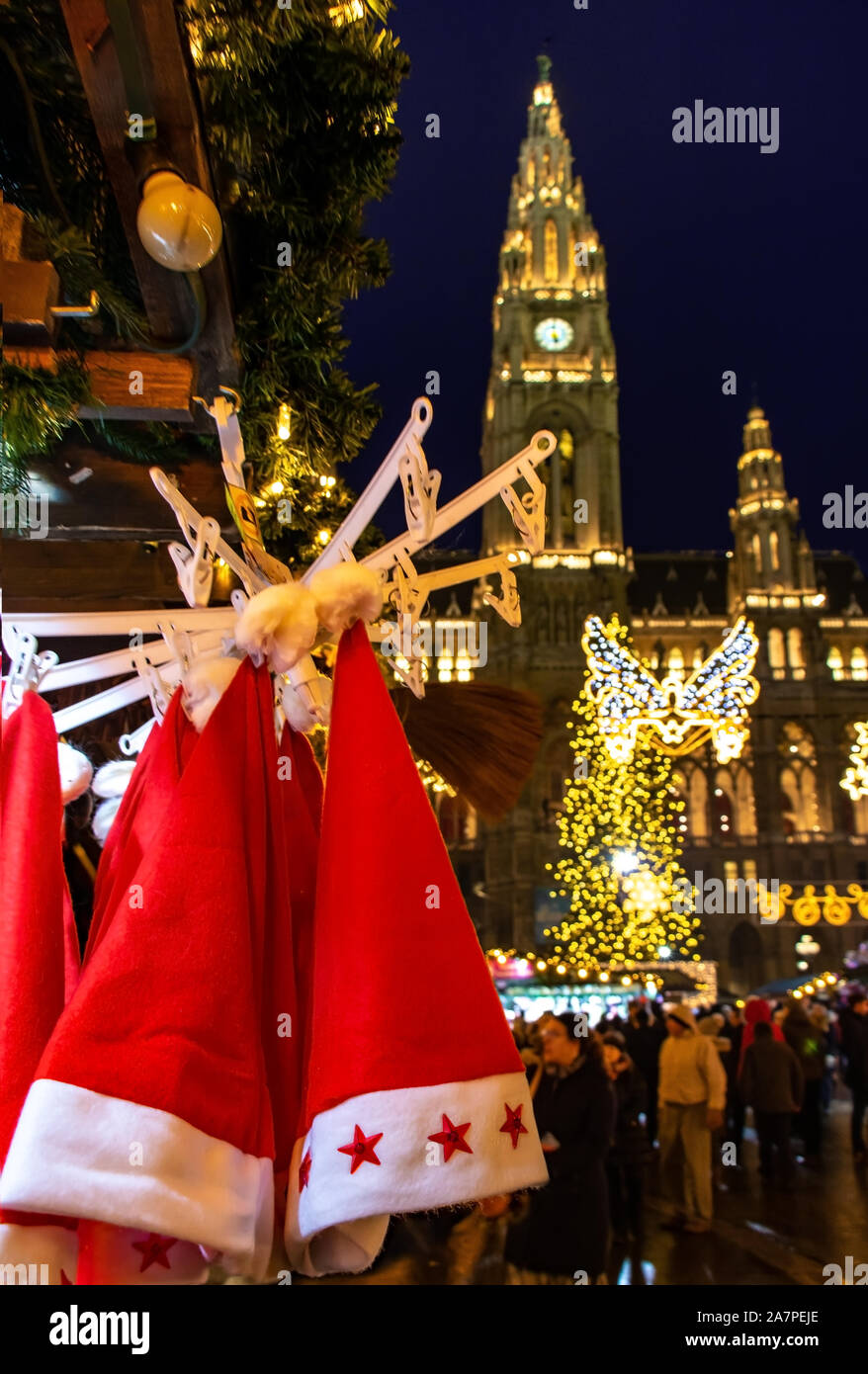 Santa Claus hats hangs on shop at The traditional Christmas market in ...