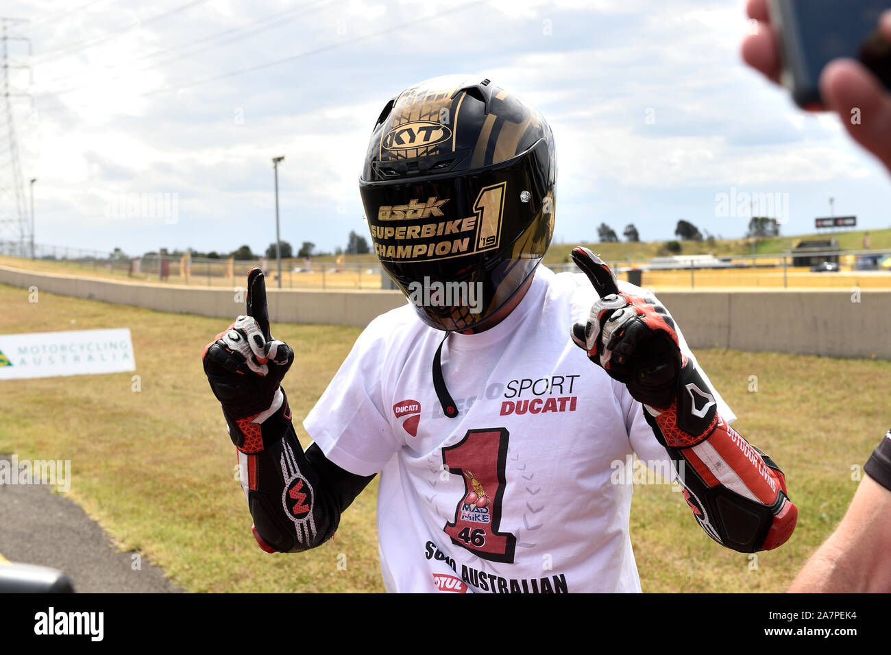 Ducati's Mike Jones in the final round celebrates the title win in the ...