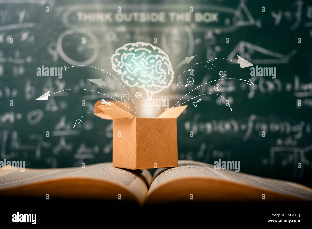 think outside the box on school green blackboard . startup education ...