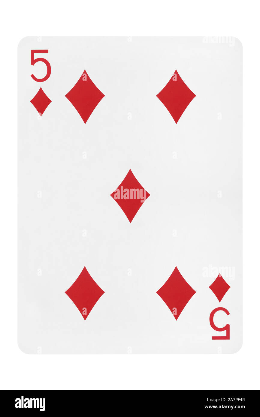 Five of diamonds playing card on white background Stock Photo - Alamy