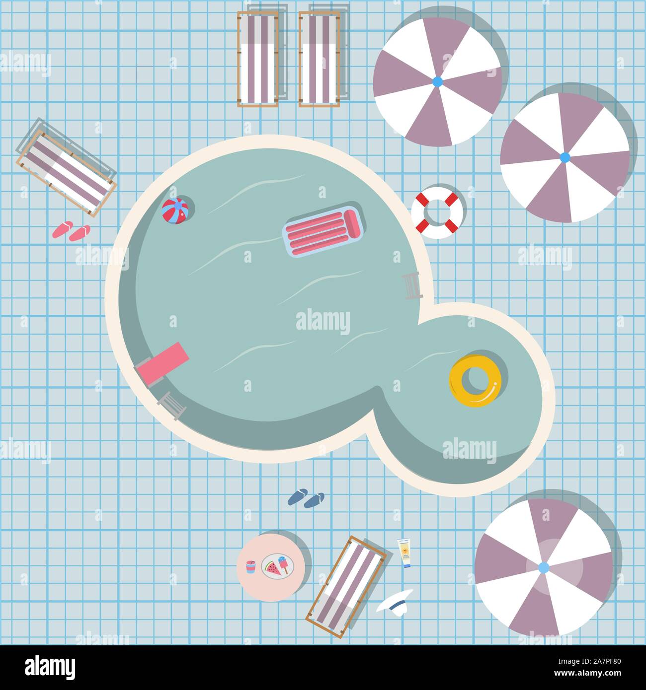 Swimming pool vector illustration with pool toys like rubber ring, pool ...