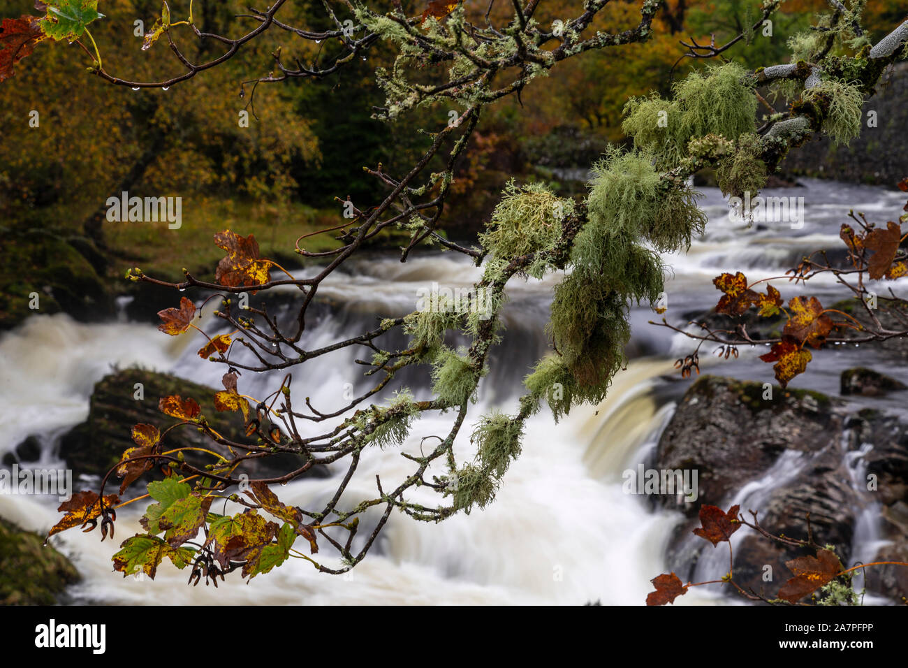 Waterfall on the Afon Llugwy river at Capel Curig, Snowdonia, North ...