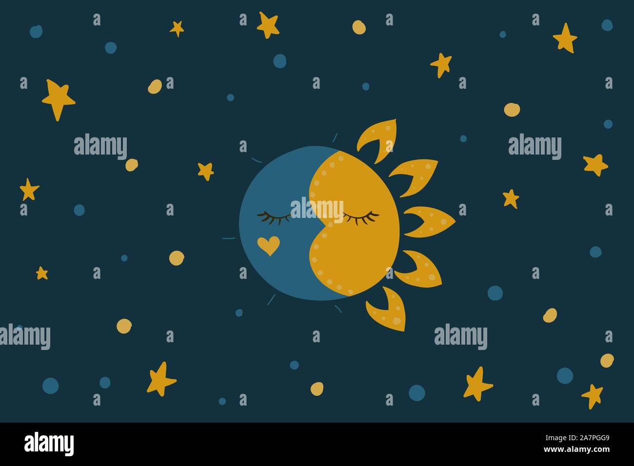 Sleeping sun and moon. Stars in the sky. Vector illustration. Night and ...