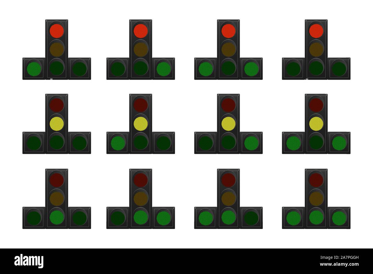 Set of traffic lights. Red, yellow and green. The traffic is straight ...