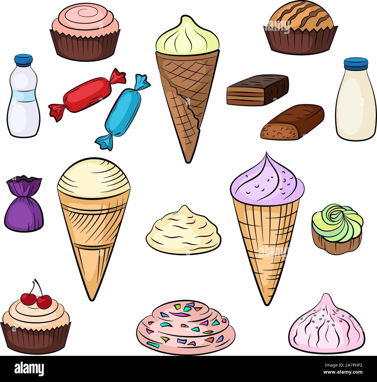 Set of Sweet Food, Ice Cream in Waffle Cups, Cake, Pastries, Juice and ...