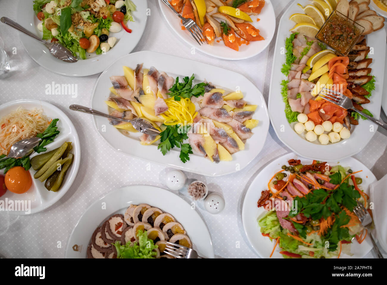 Fish and meat meals variety flat lay. Top view on buffet with ...